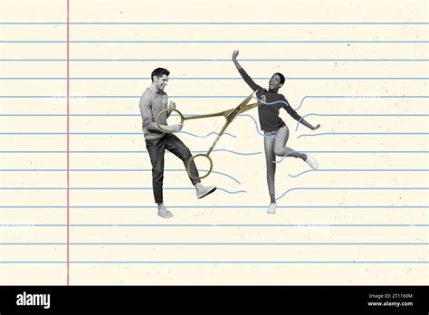 Collage Image Of Two Excited Black White Effect Mini People Dancing Scissors Cute Striped