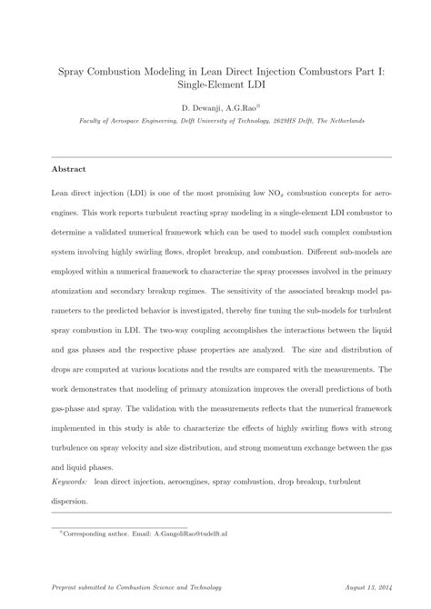 Pdf Spray Combustion Modeling In Lean Direct Injection Combustors