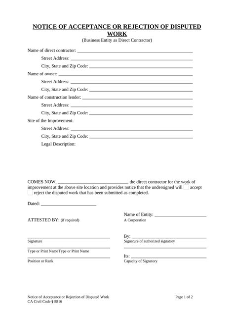 Notice Of Acceptance Or Rejection Of Disputed Work Construction Liens