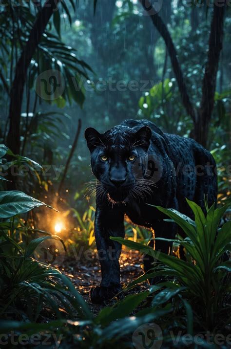 A Black Panther Prowls Through A Lush Misty Jungle Illuminated By Soft