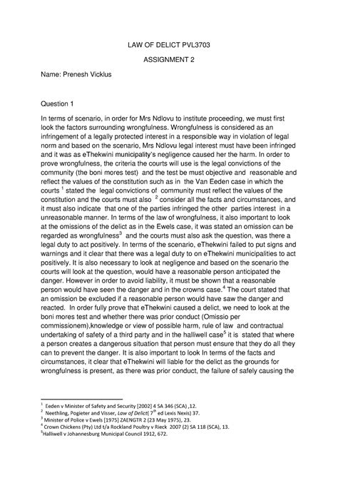 PVL3703 Assignment 2 LAW OF DELICT PVL ASSIGNMENT 2 Name Prenesh Vicklus Question 1 In Terms