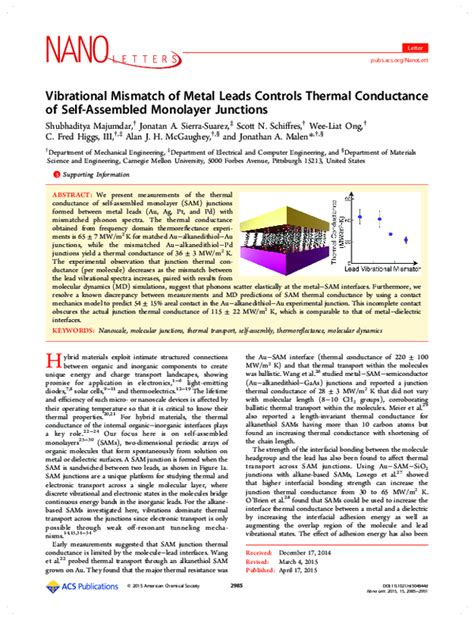 Pdf Vibrational Mismatch Of Metal Leads Controls Thermal Conductance Of Self Assembled