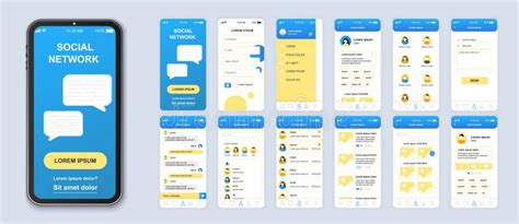 Set Of UI UX GUI Screens Social Network App Flat Design Template For Mobile Apps Responsive