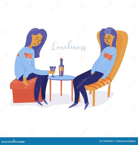 Sad Unhappy Woman Drinking Wine With Herself Stock Vector