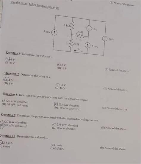 solved use the circuit below for questions 6 10 e none of