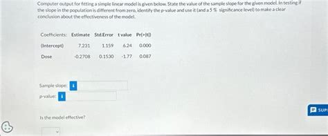 solved computer output for fitting a simple linear model is