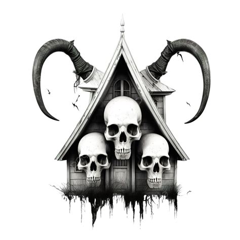 Haunted House With Horror Atmosphere Decorated With Large Horned Skulls