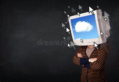 Woman With Monitor Screen And Cloud Computing On The Screen Stock