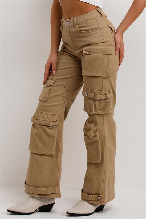 Womens Denim Cargo Pocket Wide Leg Jeans Stone Festival Clothes