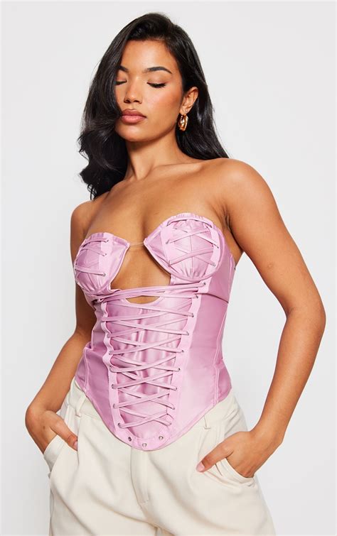 Dusty Pink Structured Satin Lace Up Corset Tops Prettylittlething Usa