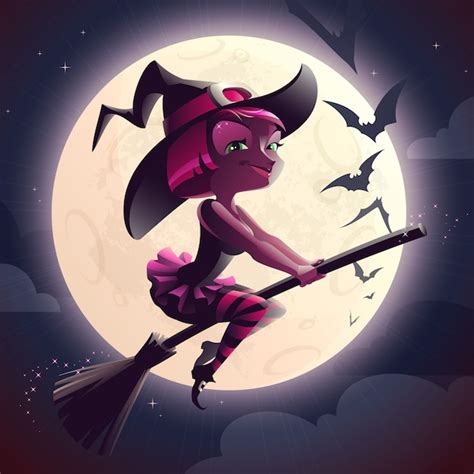 Bruja Montando Una Escoba Vector Premium