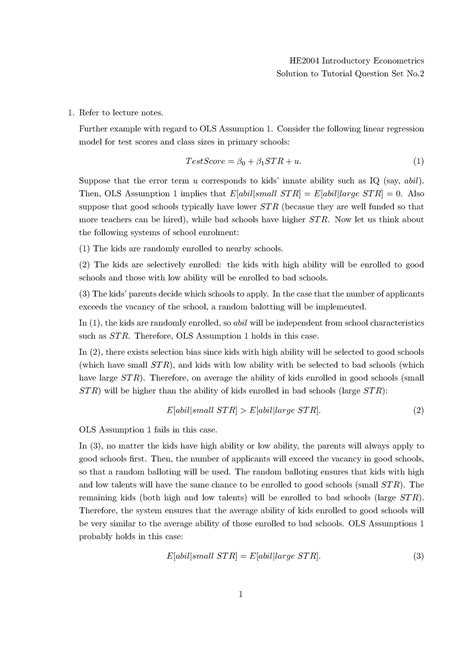 HE2004 2020 Solution Question 2 HE2004 Introductory Econometrics