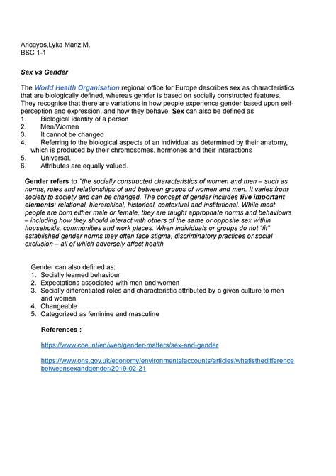 Activity 2 CLAW 2 LECTURE NOTES Aricayos Lyka Mariz M BSC 1 Sex Vs Gender The World
