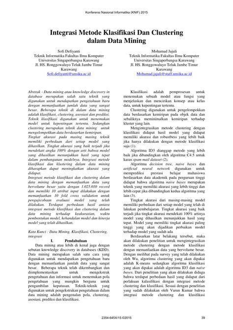 Pdf Integrasi Metode Klasifikasi Dan Clustering Dalam Data Mining