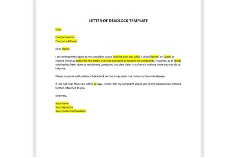 Editable Deadlock Letter Template Deadlock Letter Template Deadlock
