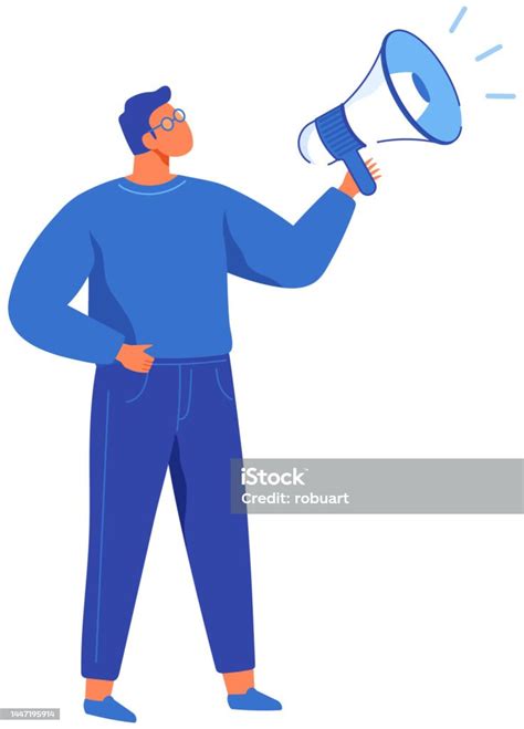 남자는 확성기로 말한다 남자는 광고하기 위해 확성기에 소리를 지른다 Smm 마케팅 전략 개념 개념에 대한 스톡 벡터 아트 및 기타 이미지 Istock