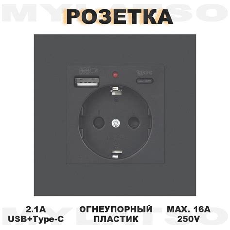 Розетка встраиваемая с Usb Type C и заземлением черная купить по