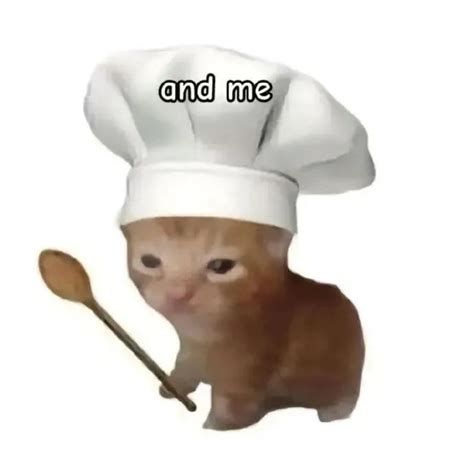 戴着厨师帽手持木勺的小猫，配文“and Me”超可爱 有点莫名其妙的小猫表情包 表情包图片动图 求表情网 斗图从此不求人