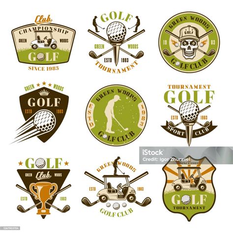 흰색 배경에 고립 된 빈티지 스타일의 9 가지 컬러 벡터 엠블럼 배지 라벨 또는 로고의 골프 세트 T 셔츠에 대한 스톡 벡터