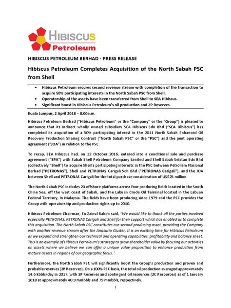 Hibiscus Petroleum Completes Acquisition Of The North Sabah Psc From
