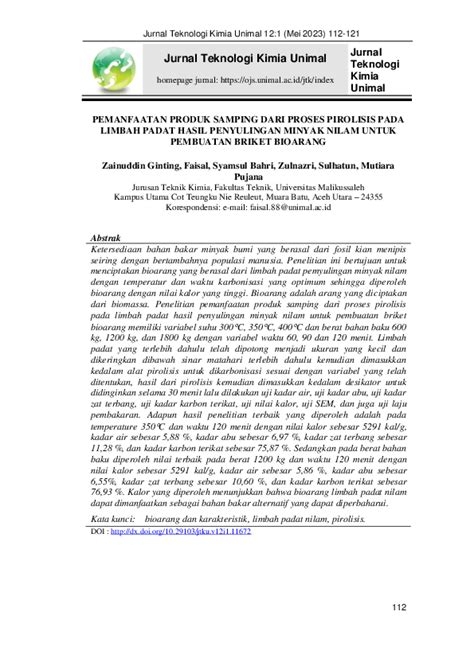 Pdf Pemanfaatan Produk Samping Dari Proses Pirolisis Pada Limbah Padat Hasil Penyulingan