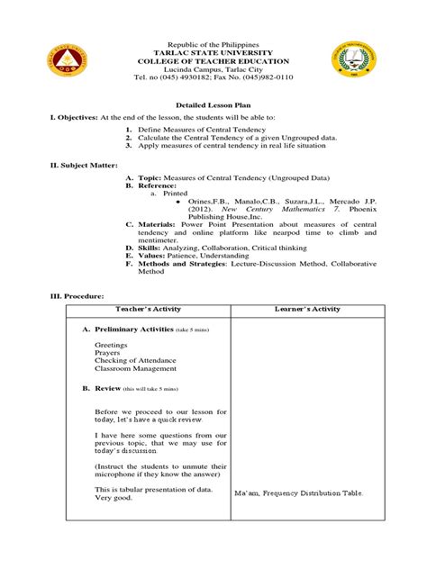 Detailed Lesson Plan Measures Of Central Tendency Ungrouped Data Pdf Mean Mode Statistics