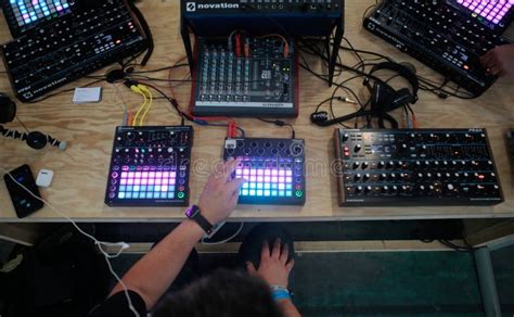 man using music synthesizer system at sonar festival editorial photo