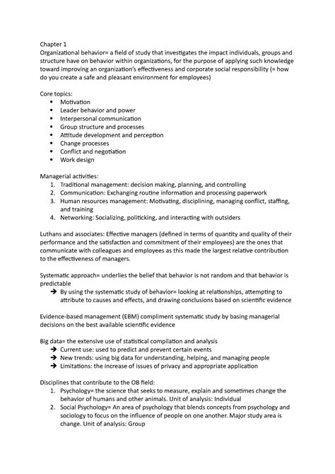 Organizational Behavior Summary Chapter 1 Organizational Behavior A