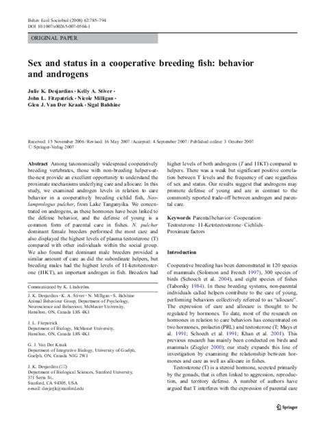 Pdf Sex And Status In A Cooperative Breeding Fish Behavior And Androgens