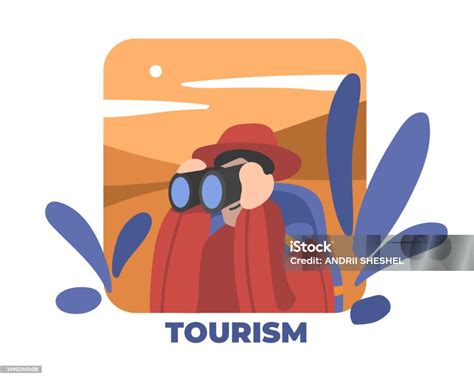 모자를 쓴 만화 관광객 남자가 쌍안경 삽화를 통해 보고 있다 가공의 인물에 대한 스톡 벡터 아트 및 기타 이미지 가공의 인물 계획 공항 Istock