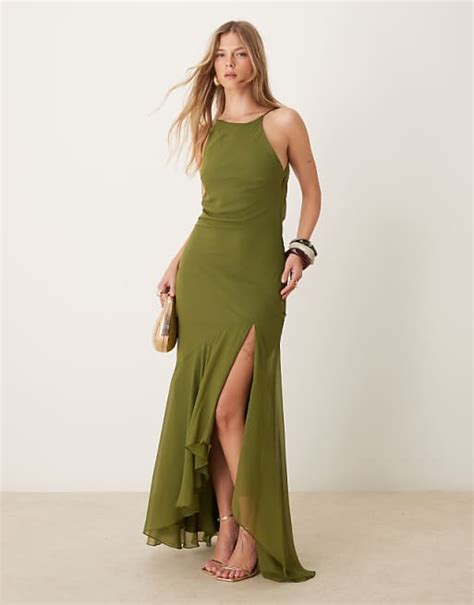 Asos Design Racer Neck Low Cowl Back Maxi Dress With Hi Lo Frill Hem In