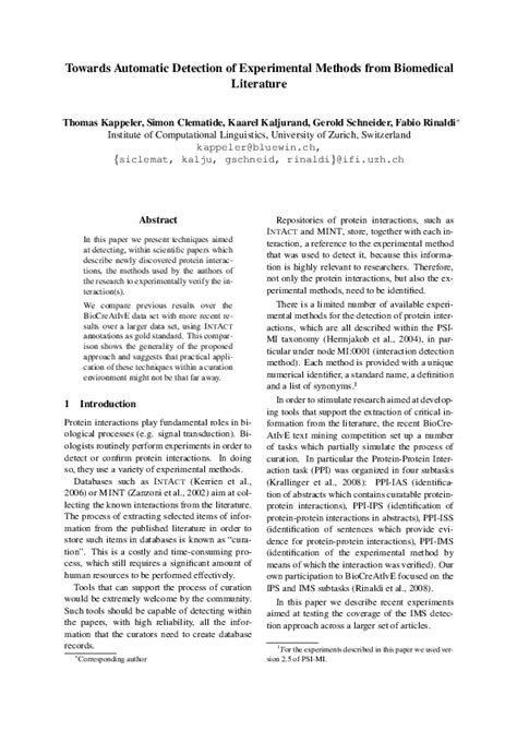 Pdf Towards Automatic Detection Of Experimental Methods From Biomedical Literature