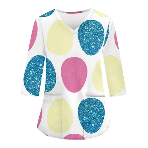 Knosfe Easter Scrub Tops For Women 34 Sleeve 2024 Uniforms Rabbit