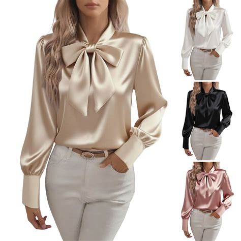 Fnfyfh Womens Satin Blouse Long Sleeve Bow Tie Neck Shirts Dressy