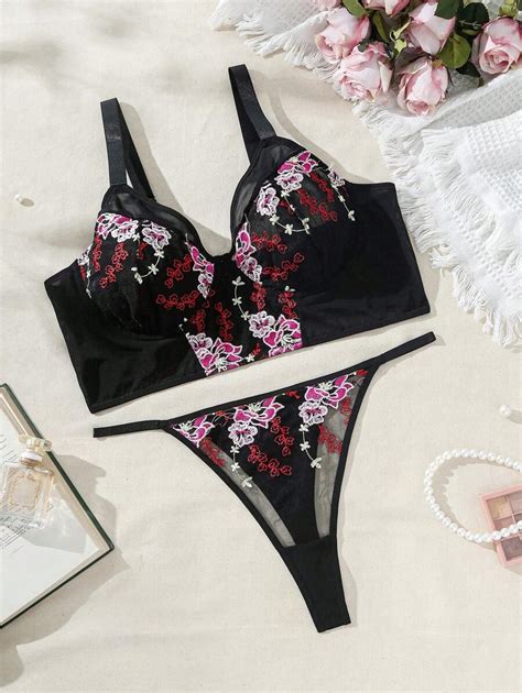 Shein Plus Size Embroidered Mesh Bra And Lingerie Lace Thong Set