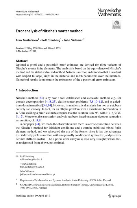 Pdf Error Analysis Of Nitsches Mortar Method