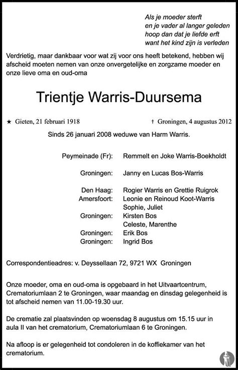 Trientje Warris Duursema 04 08 2012 Overlijdensbericht En
