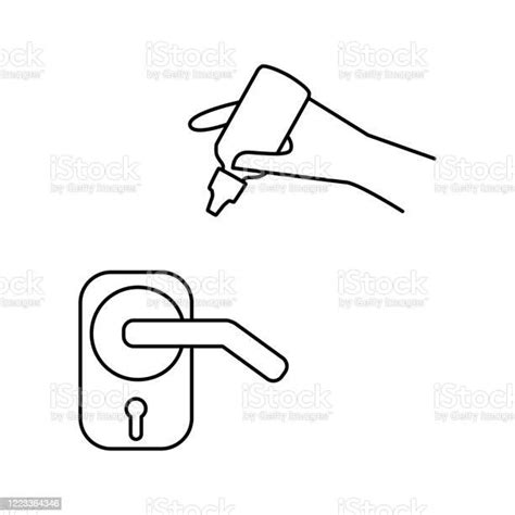 손 소독제 사용 아이콘 도어 핸들을 소독하기위한 손 소독제 손 소독제 의료 인포그래픽 아이콘 을 사용하는 방법 문손잡이에 대한 스톡 벡터 아트 및 기타 이미지 Istock