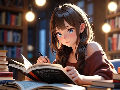 Premium Photo A Cute Anime Girl Reading A Book And Studying