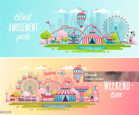 Carousels 롤러 코스터와 공기 풍선 놀이 공원 풍경 배너 관람차에 대한 스톡 벡터 아트 및 기타 이미지 관람차 롤러