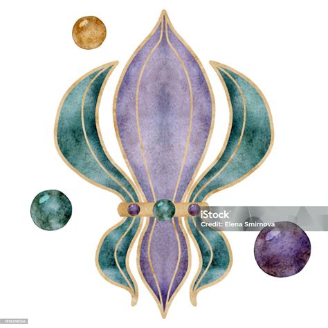 손으로 그린 수채화 마디 그라 카니발 기호입니다 백합 아이리스 꽃 프렌치 Fleur De Lis 퍼플 그린 골드 비즈 흰색