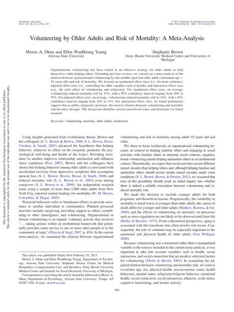 Pdf Volunteering By Older Adults And Risk Of Mortality A Meta Analysis