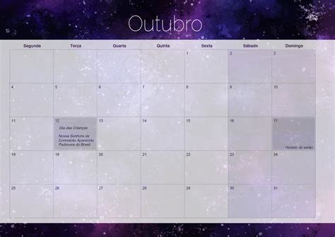 Calendario Mensal 2021 Outubro Galaxia Fazendo A Nossa Festa