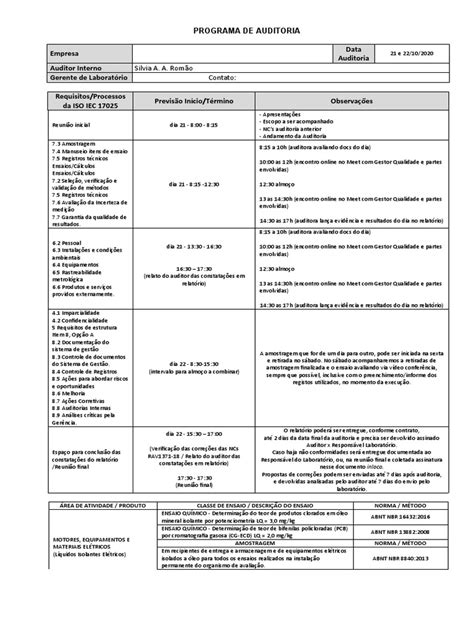 Modelo De Plano De Auditoria Iso Iec 17025 Pdf Metrologia Science