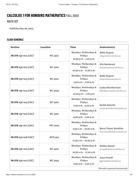 Course Outline Calculus 1 For Honours Mathematics Fall 2023 Math 137 Published Sep 06 2023