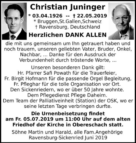 Traueranzeigen Von Christian Juninger Schwaebischede Trauerportal