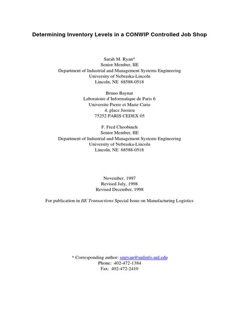 Determining Inventory Levels In A Conwip Controlled Job Shop Pdf