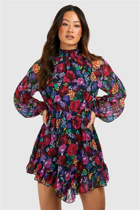 Tall Floral Print Chiffon High Neck Smock Dress Boohoo Uk