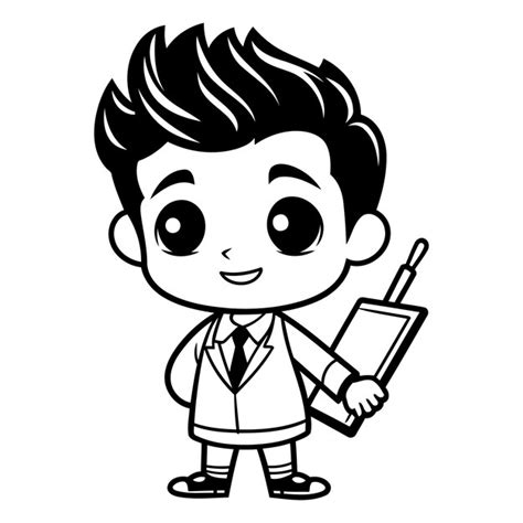 귀여운 학교 소년 흑백 만화 일러스트레이션 터 프리미엄 벡터