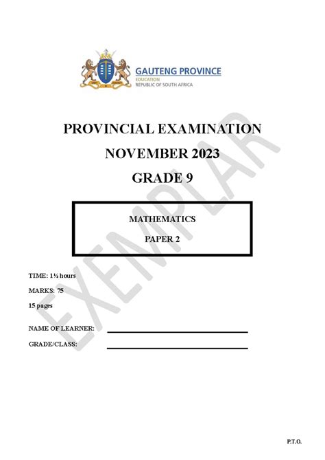 Gr 9 Mathematics P2 English 2023 Question Paper Provincial Examination November 2023 Grade 9